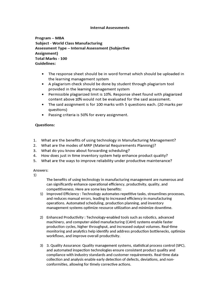 MBA Internal Assessment: World Class Manufacturing | PDF | Lean ...