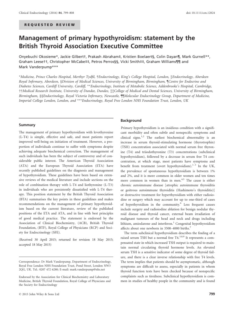 Clinical Endocrinology - 2015 - Okosieme - Management of Primary Hypothyroidism Statement by The ...