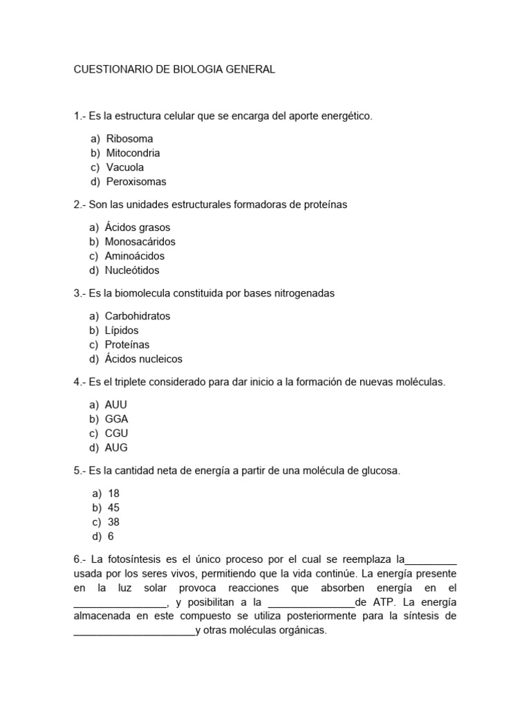 Cuestionario de Biologia General | PDF