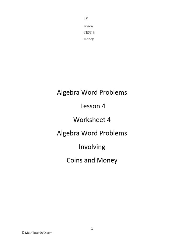 Algebra Word Problems: Coins & Money | PDF | Nickel (United States Coin ...