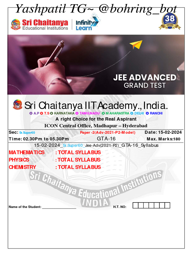 @bohring Bot 15 02 2024 SR Super60 Jee Adv2021 P2 GTA 16 Q Paper | PDF | Atoms | Electron