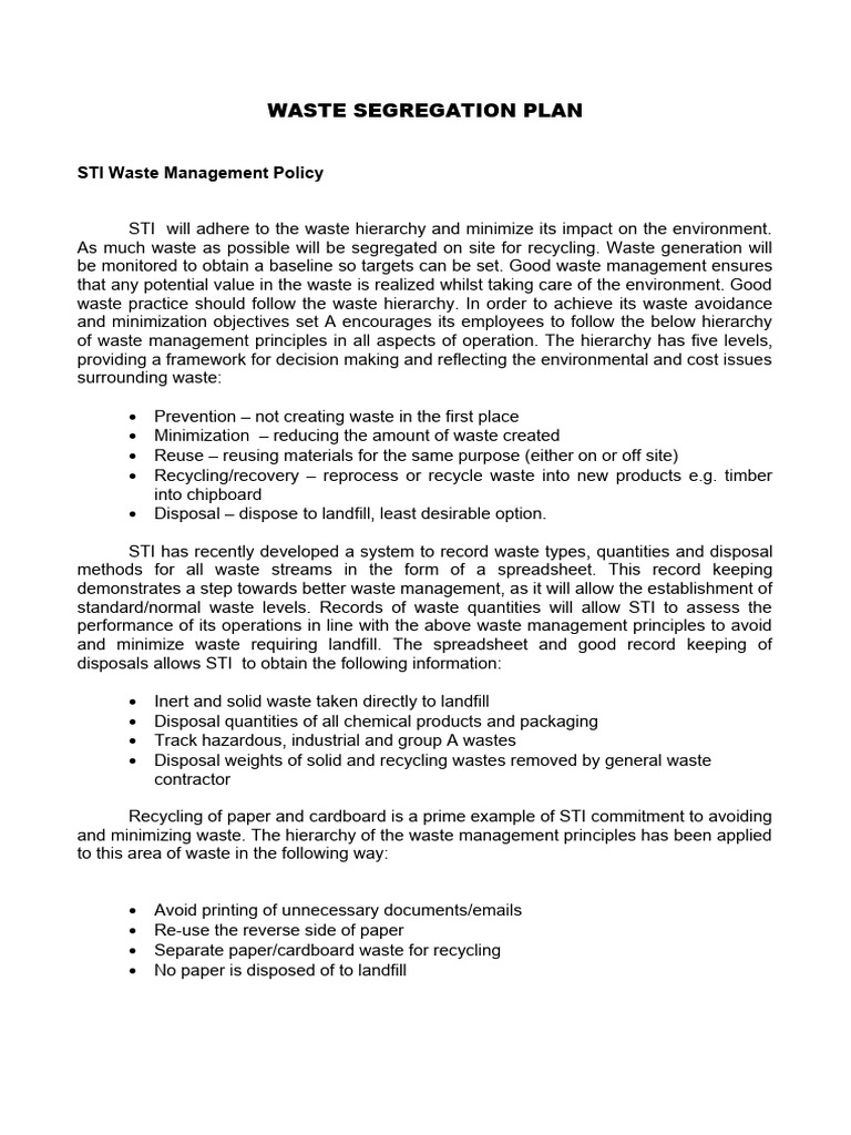 Waste Segregation Plan | PDF | Waste Management | Waste