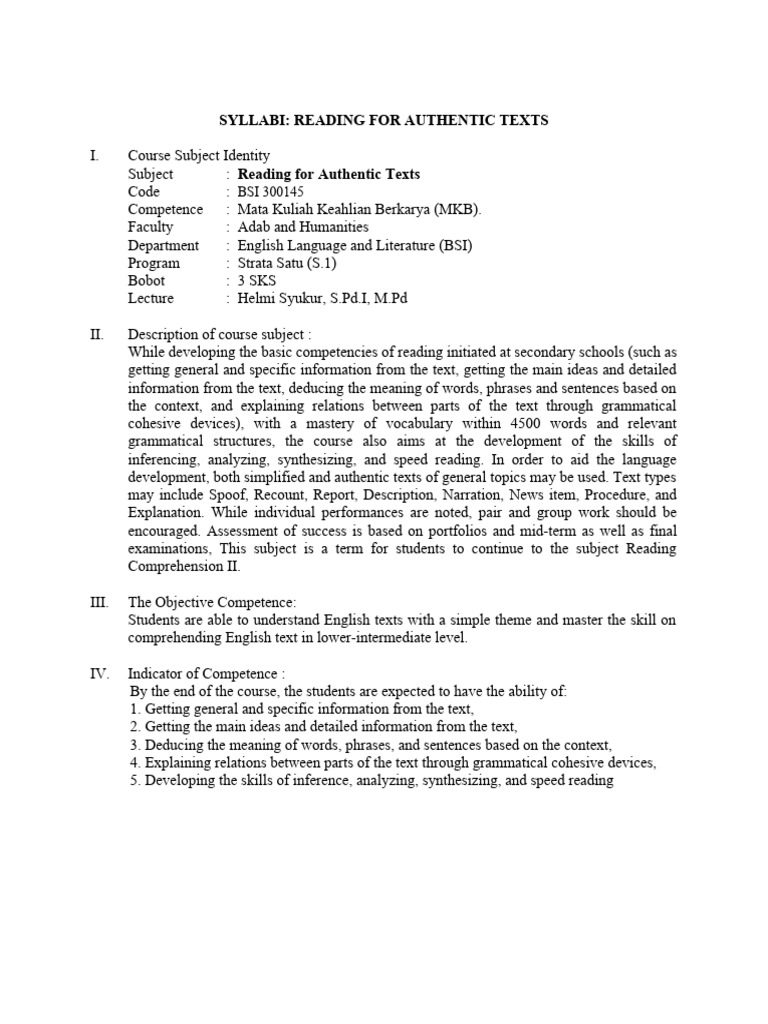 SILABUS Reading For Authentic Text | PDF