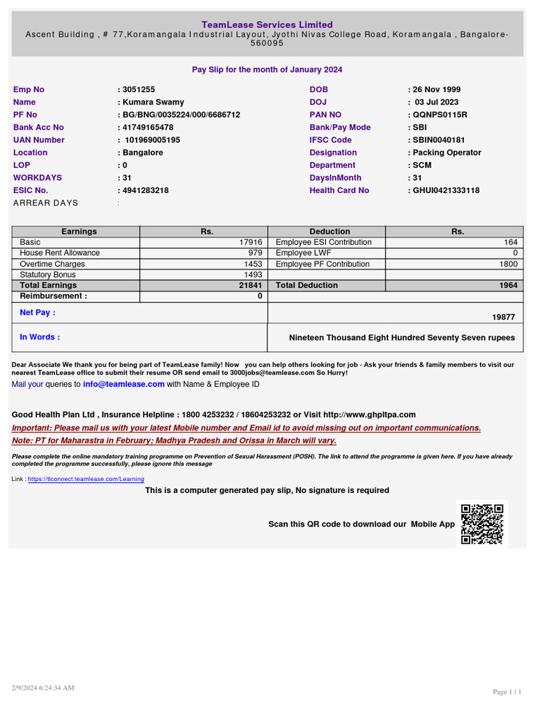 PaySlip Payslip 2024 JAN | PDF