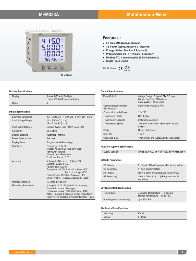 SELEC DIGITAL POWER METER MFM383A - Datasheet | Download Free PDF ...