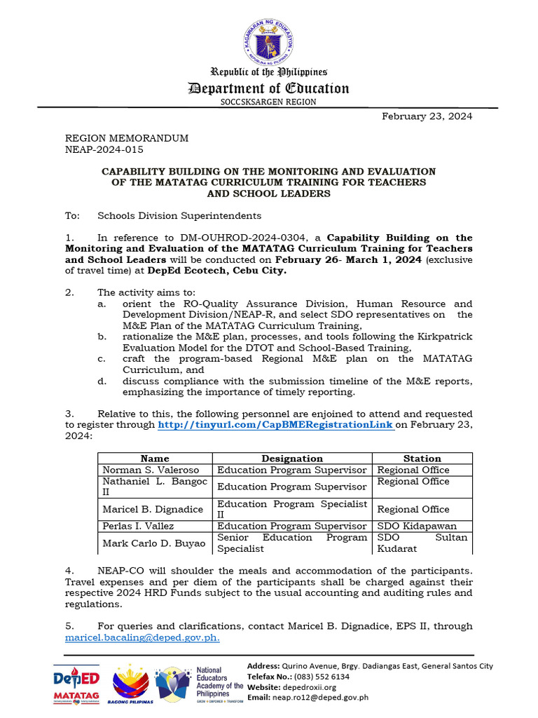 Region Memorandum NEAP-2024-015 CAPABILITY BUILDING ON THE MONITORING ...