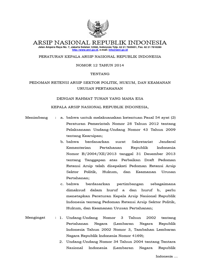 Perka ANRI Nomor 12 Tahun 2014 Tentang PRA Sektor Politik, Hukum, Dan ...