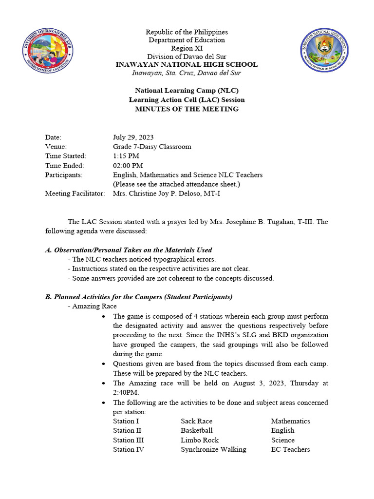 Inawayan National High School: Inawayan, Sta. Cruz, Davao Del Sur | PDF | Teaching | Human ...