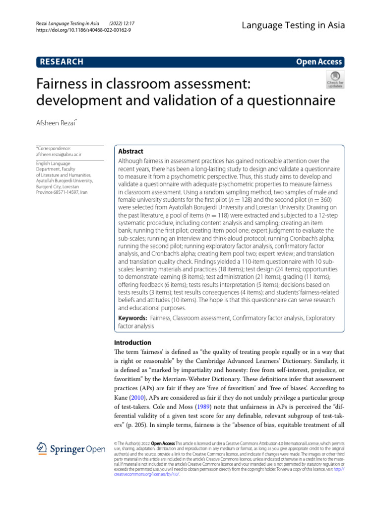 Fairness in Classroom Assessment: Development and Validation of A Questionnaire | PDF ...