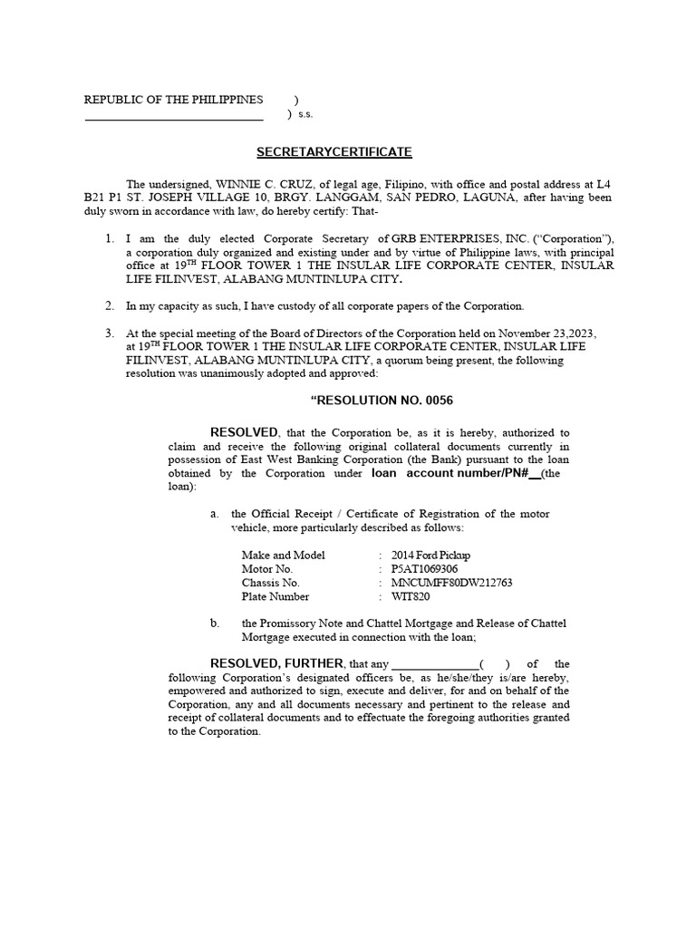 Standard Format - Sec. Certificate (Auto) | PDF