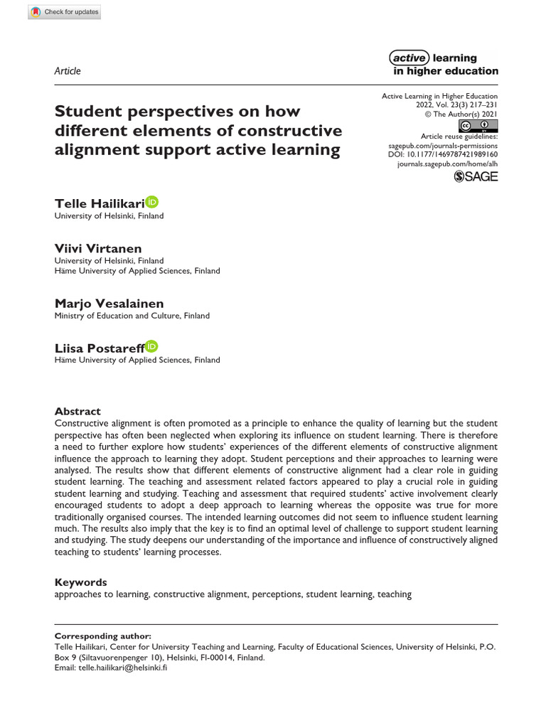 Hailikari Et Al 2021 Student Perspectives On How Different Elements of Constructive Alignment ...