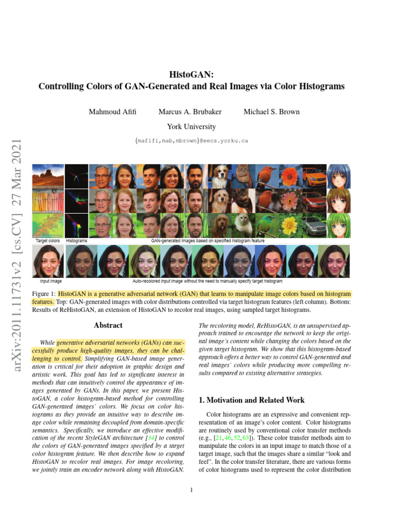 HistoGAN - Controlling Colors of GAN-Generated and Real Images Via ...