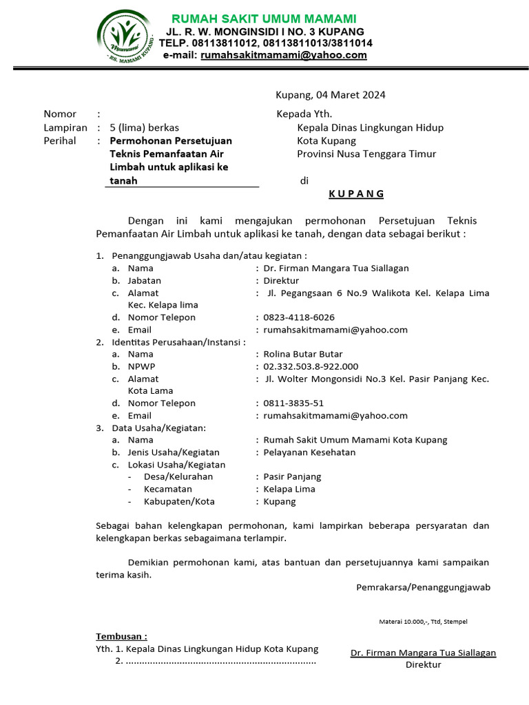 Surat Permohonan Pertek PEMANFAATAN Air Limbah Untuk Aplikasi Ke Tanah ... Surat Permohonan Pertek PEMANFAATAN Air Limbah Untuk Aplikasi Ke Tanah ...
