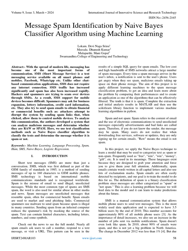 Message Spam Identification by Naive Bayes Classifier Algorithm Using Machine Learning | PDF ...