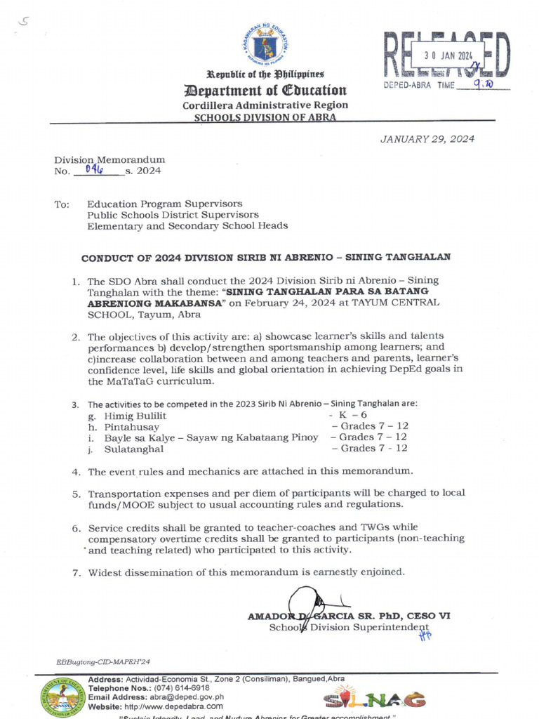 Memo On The Division Sirib Ni Abrenio Sining Tanghalan | PDF