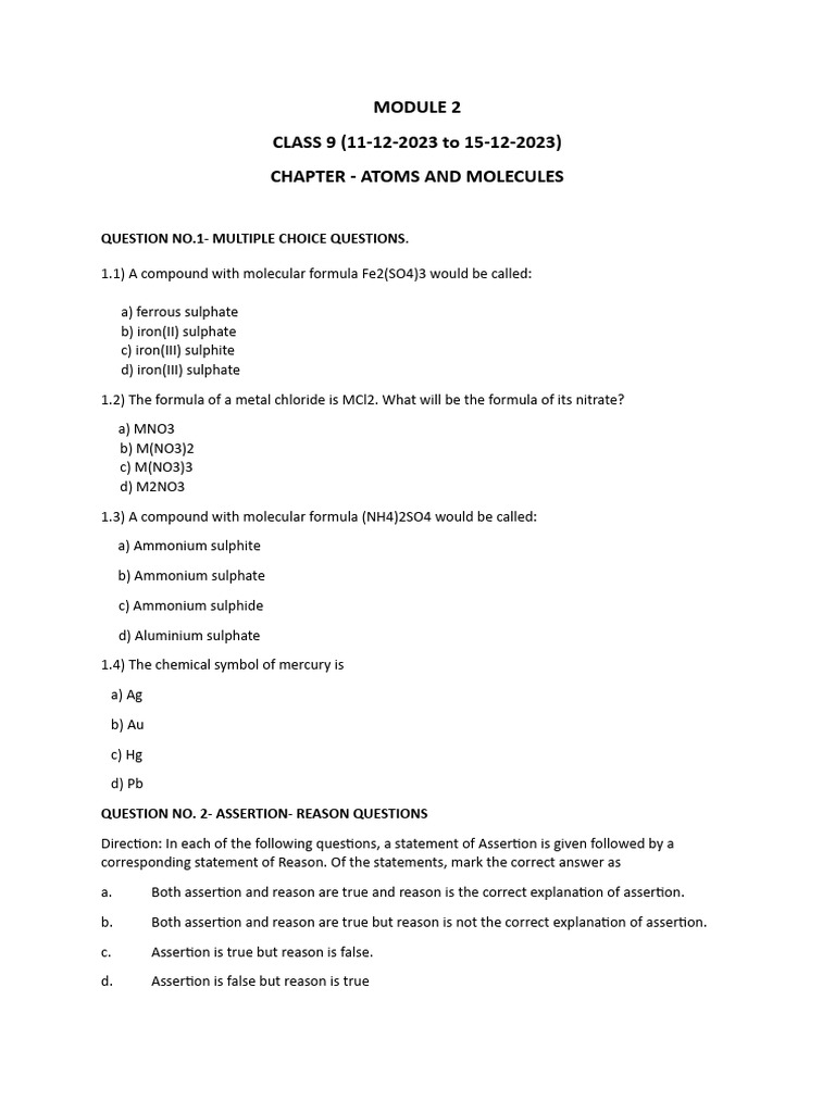 Module 2 Class 9 Atoms and Molecules | PDF | Ion | Chemical Compounds