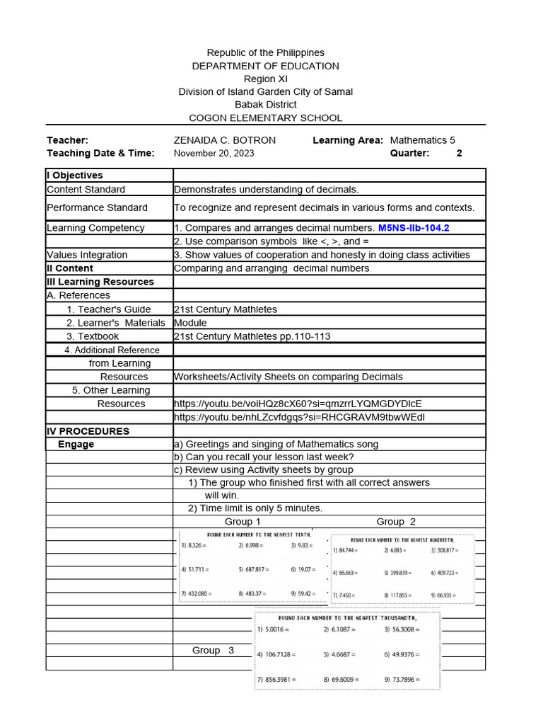 COT in Math 5 Q2 | PDF | Learning | Human Communication