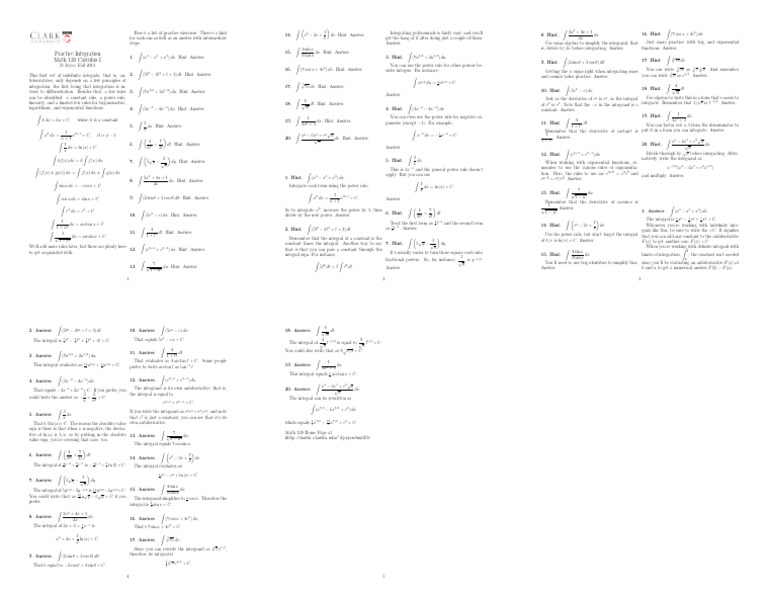 Integralpractice 1 Pdf Integral Trigonometric Functions