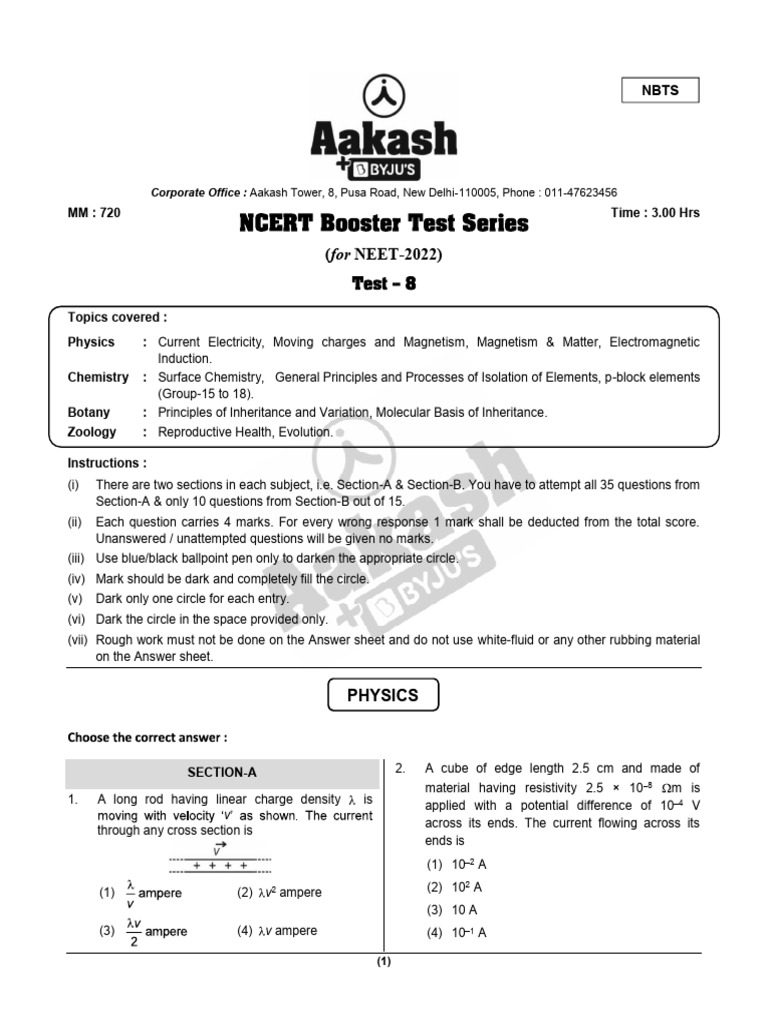 Final NCERT Booster Test Series NBTS For NEET 2022 Test 8-24-03 | PDF ...