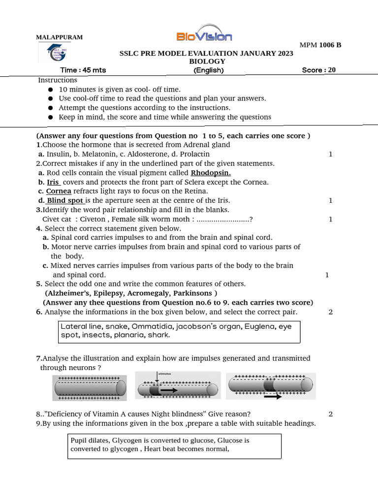 BIO-VISION - SSLC Biology Set B EM - Pre Model | PDF