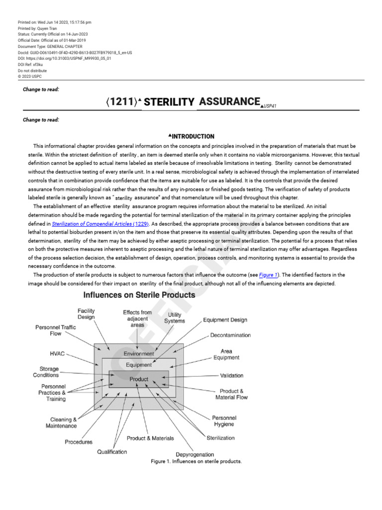 USP-NF 〈1211〉 Sterility Assurance (clean room) | PDF | Sterilization ...