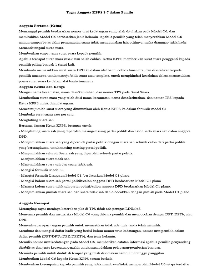 Tugas Anggota KPPS 1 Sampai 7 | PDF