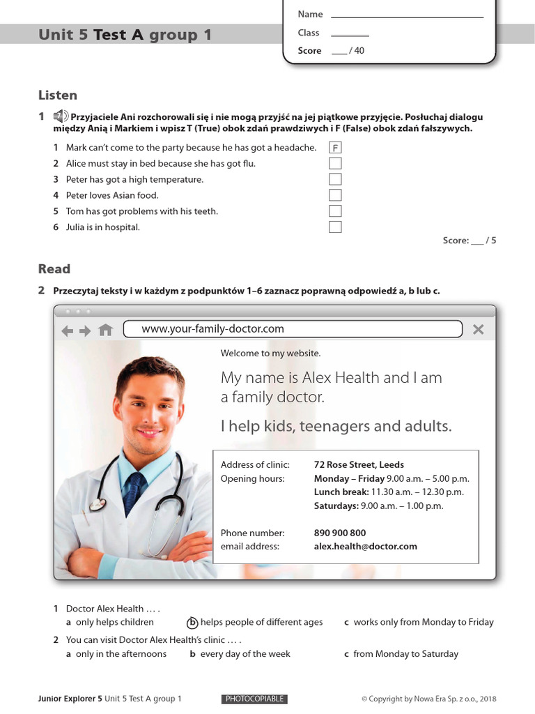 Junior Explorer 5 Unit 5 Test A Group 1 | PDF | Wellness | Self-Improvement