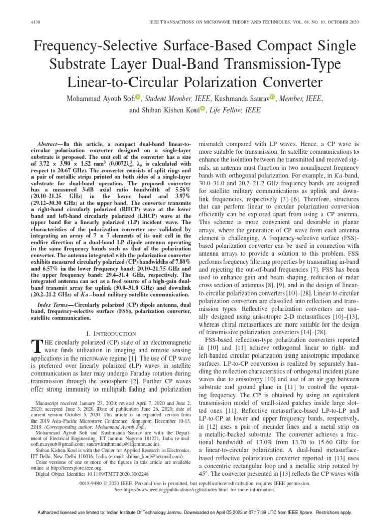 Frequency Selective Surface Based Compact Single Substrate Layer Dual Band Transmission Type