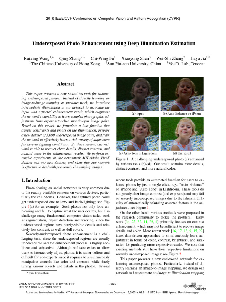 Underexposed Photo Enhancement Using Deep Illumination Estimation | PDF | Exposure (Photography ...