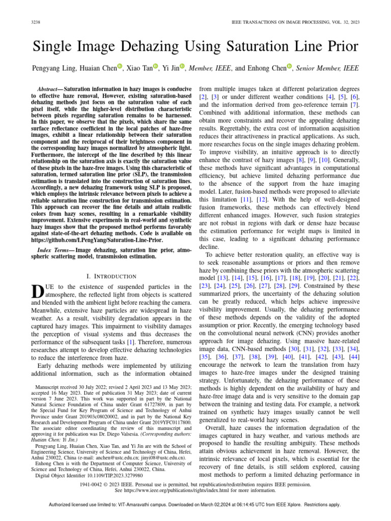 Single Image Dehazing Using Saturation Line Prior Pdf