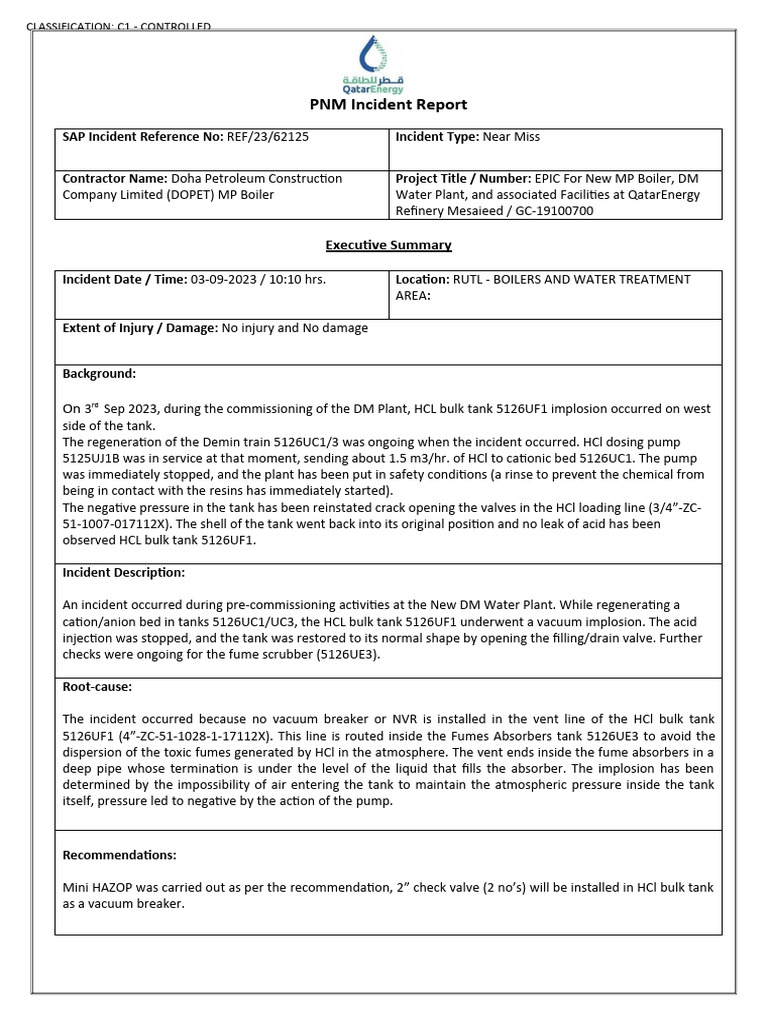HCl Tank Near Miss Incident Report | PDF | Pump | Valve