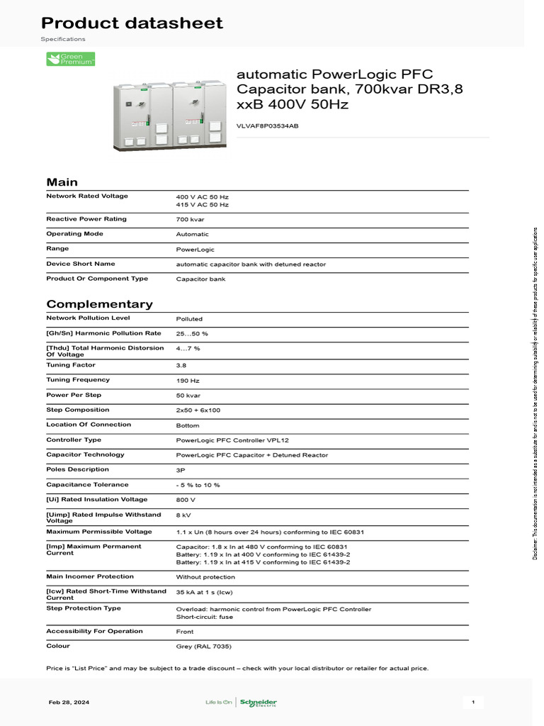 Schneider Electric PowerLogic PFC Capacitor Banks IEC VLVAF8P03534AB | PDF | Capacitor | Transformer