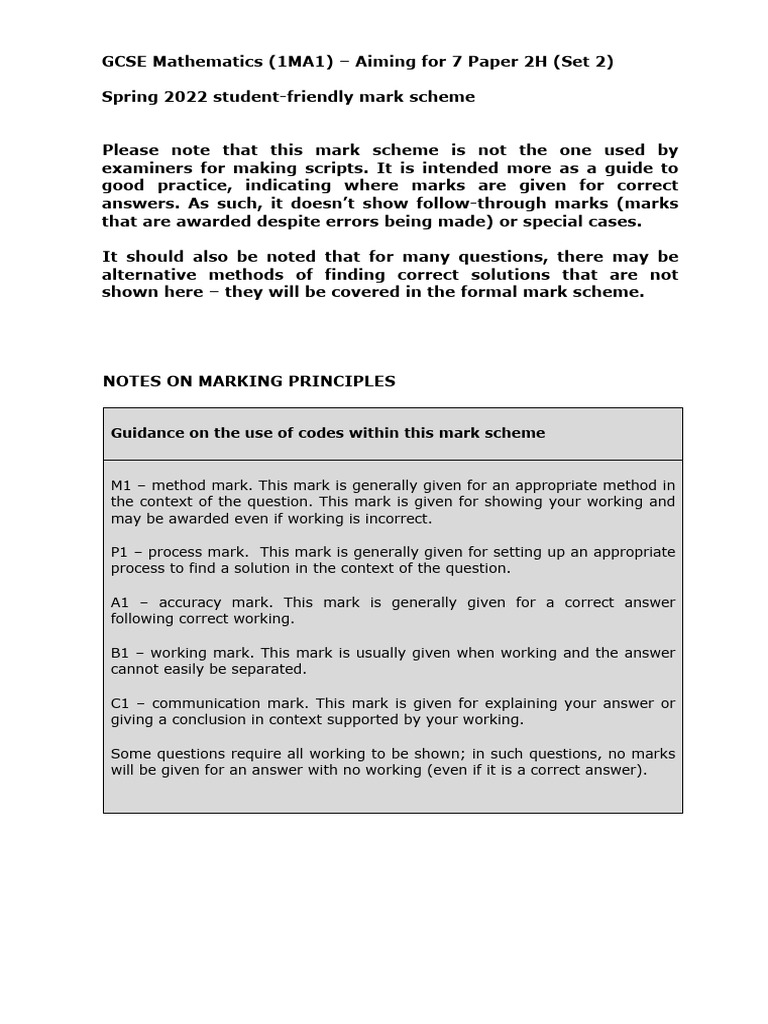 Aiming For 7 (Set 2) Practice Paper 2H MS | PDF | Mathematics ...