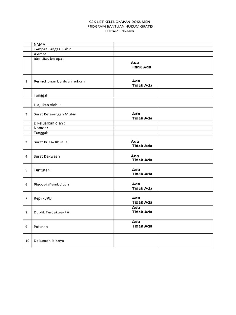 Cek List Kelengkapan Dokumen | PDF