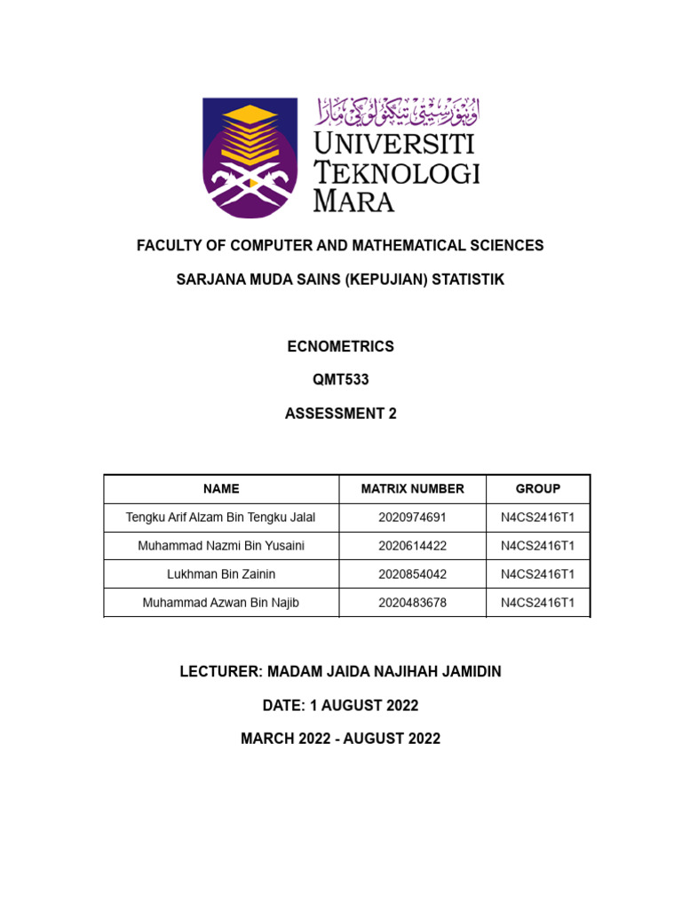 QMT 533 Assesment 2 | PDF | Multicollinearity | Autocorrelation