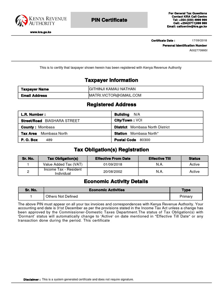 Kra Pin (1) - 1 | PDF | Taxes | Value Added Tax