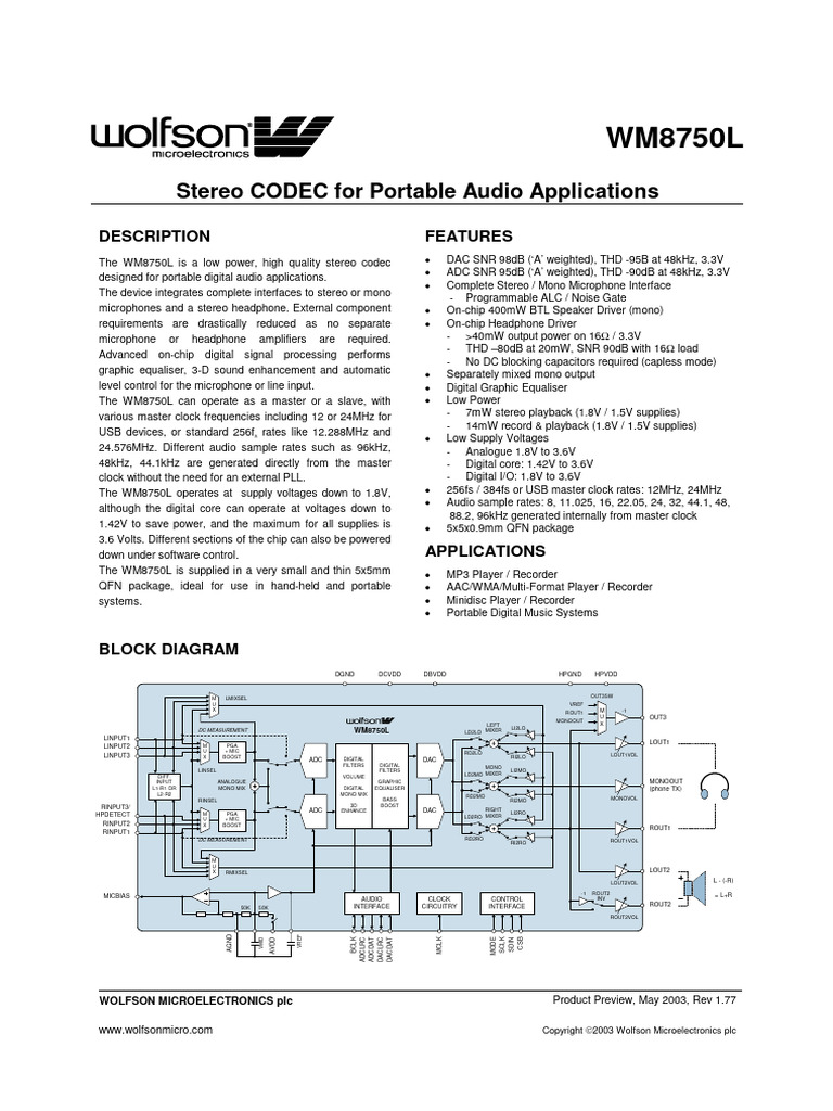 WM8750L Data Sheet | PDF | Analog To Digital Converter | Microphone