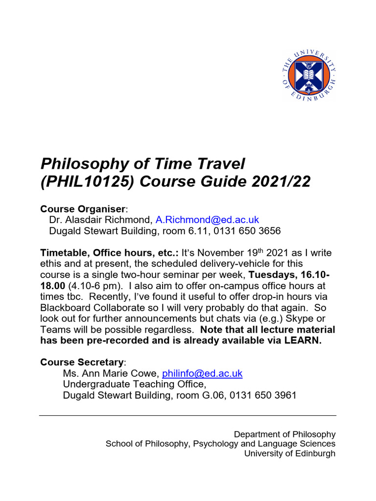 Philosophy of Time Travel Phil10125 Course Guide | PDF