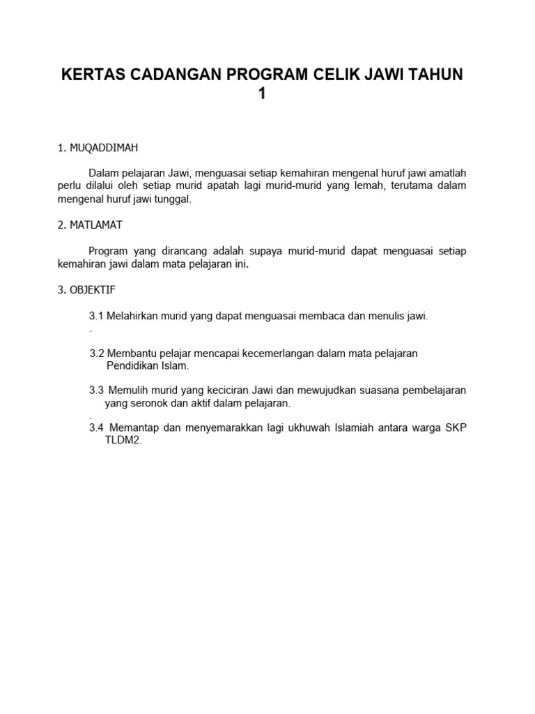 Kertas Cadangan Program Celik Jawi Tahun 1 | PDF | Karier & Perkembangan | Agama & Spiritualitas