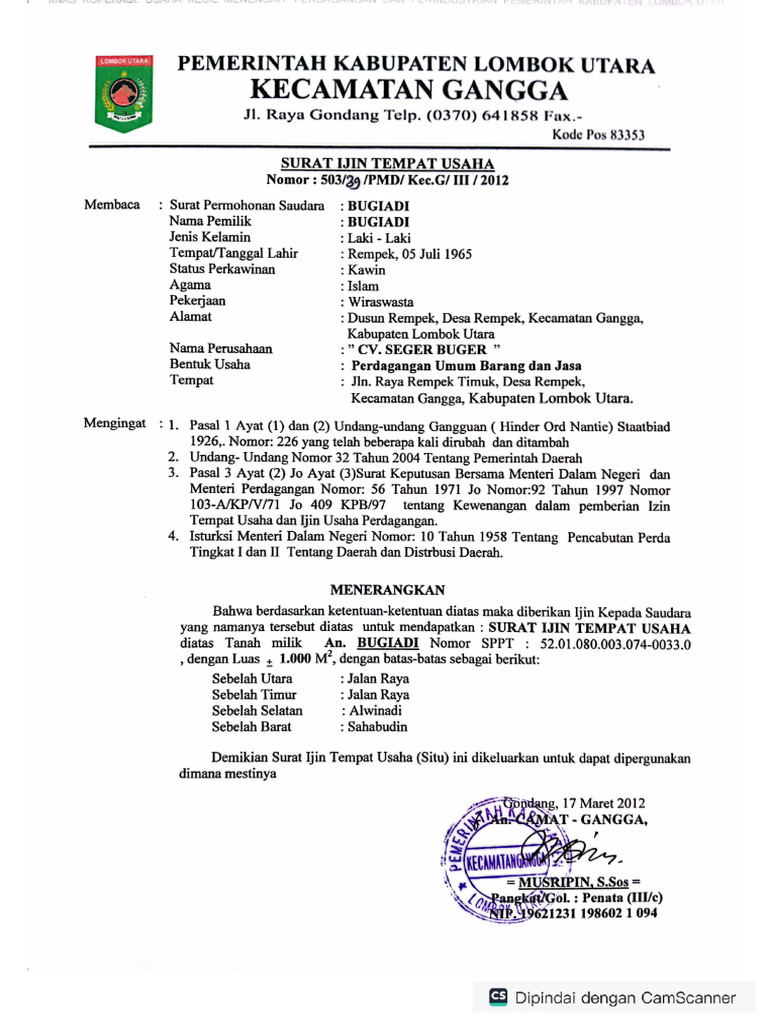 Ijin Usaha CV Seger Buger | PDF