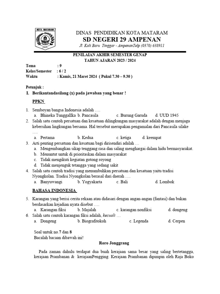 Soal Pas Kelas 6 Tema 9 | PDF