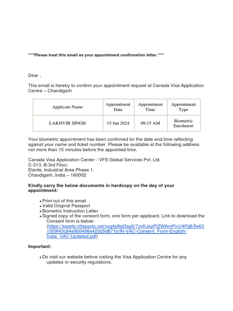 Biometric Appointment Confirmation - Canada | PDF | Career & Growth ...