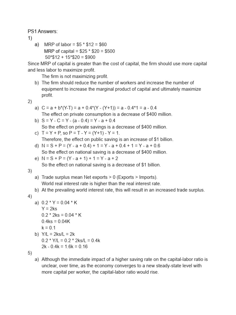 Ps1 Answers Macroeconomic Theory Pdf Economic Equilibrium