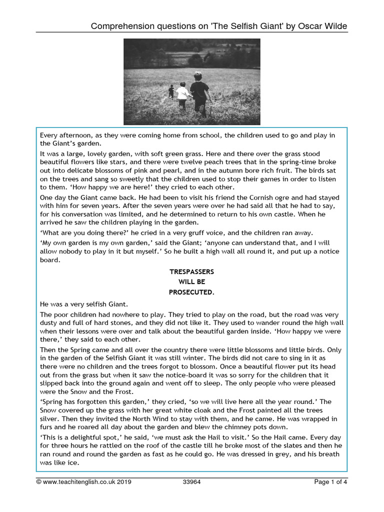 Comprehension Questions On 'The Selfish Giant' by Oscar Wilde | PDF ...