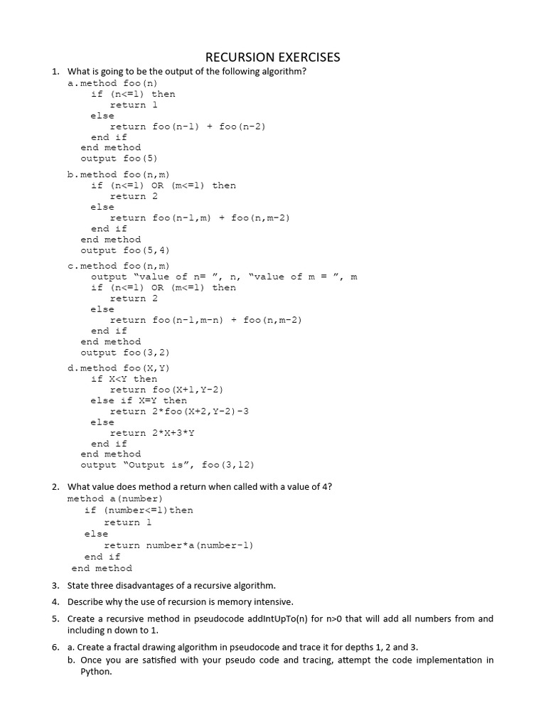 T5 Exercises Recursion | PDF | Recursion | Algorithms T5 Exercises Recursion | PDF | Recursion | Algorithms