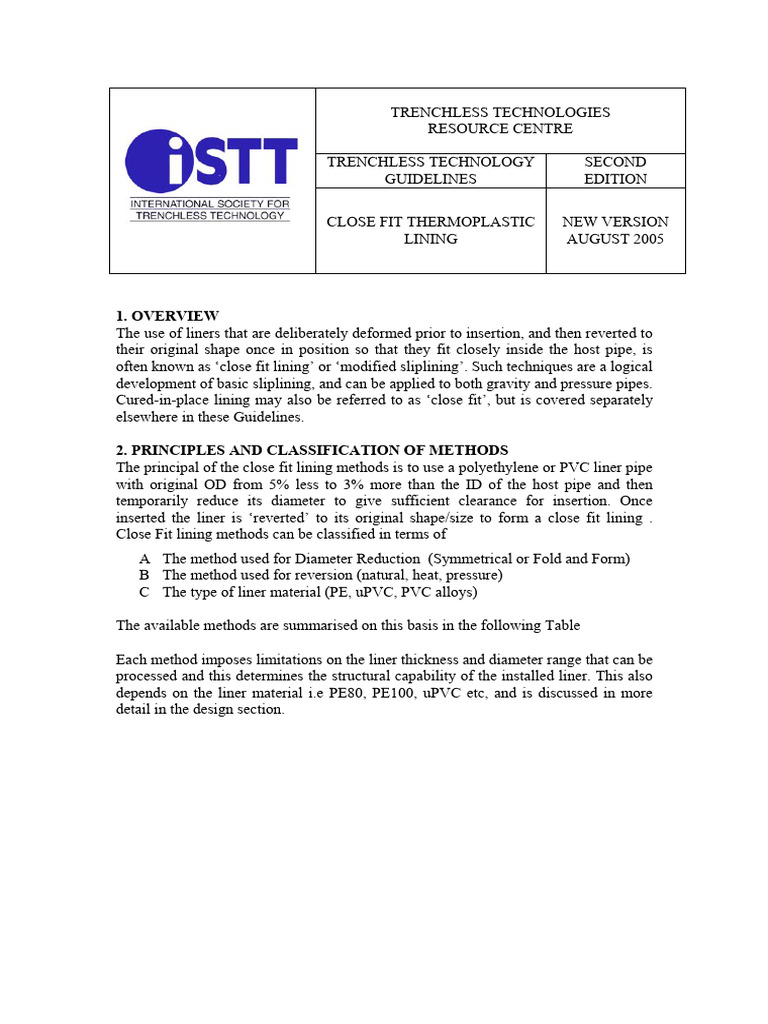 Trenchless Technology Guidelines Close Fit Thermoplastic Lining | PDF ...