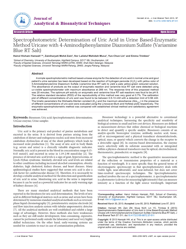 Spectrophotometric Determination of Uric Acid | PDF | Spectrophotometry ...