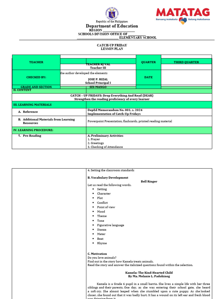 CATCH-UP FRIDAY LESSON PLAN ENGLISH, READING AND LITERACY | PDF | Narration