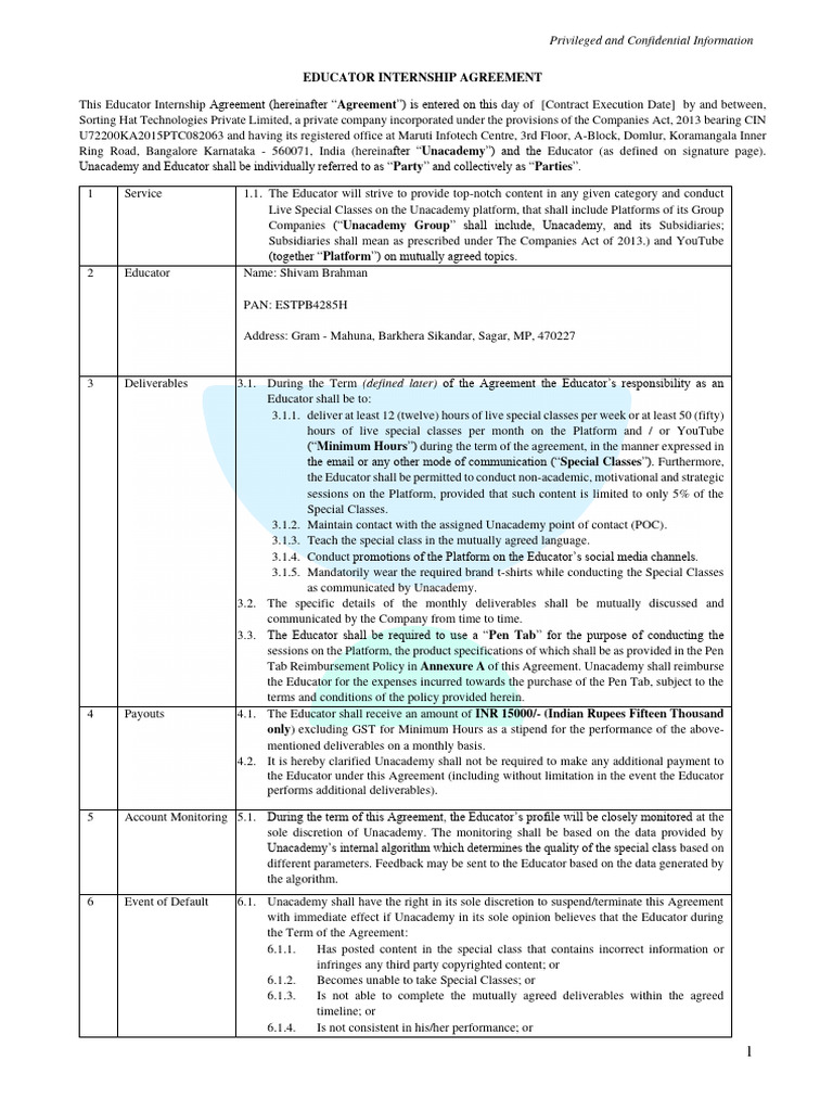 SHT-Educator Internship Agreement | PDF