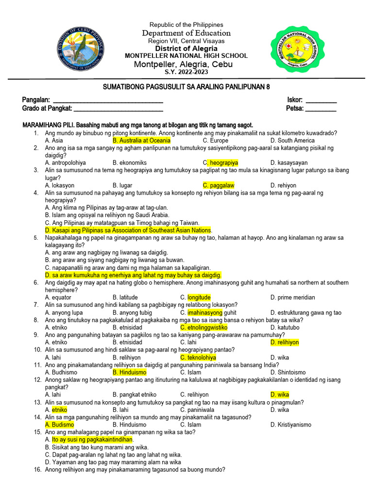 AP 8 1st Quarter-Key Summative | PDF